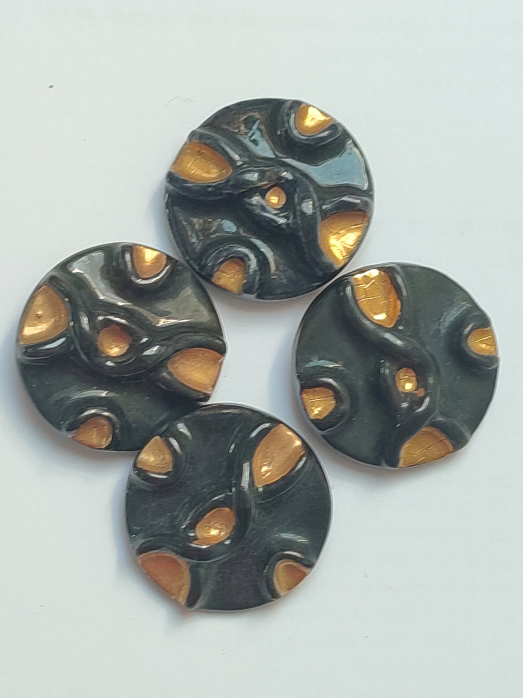 Large Unusual Ceramic Buttons in Black and Gold, 50s French ...