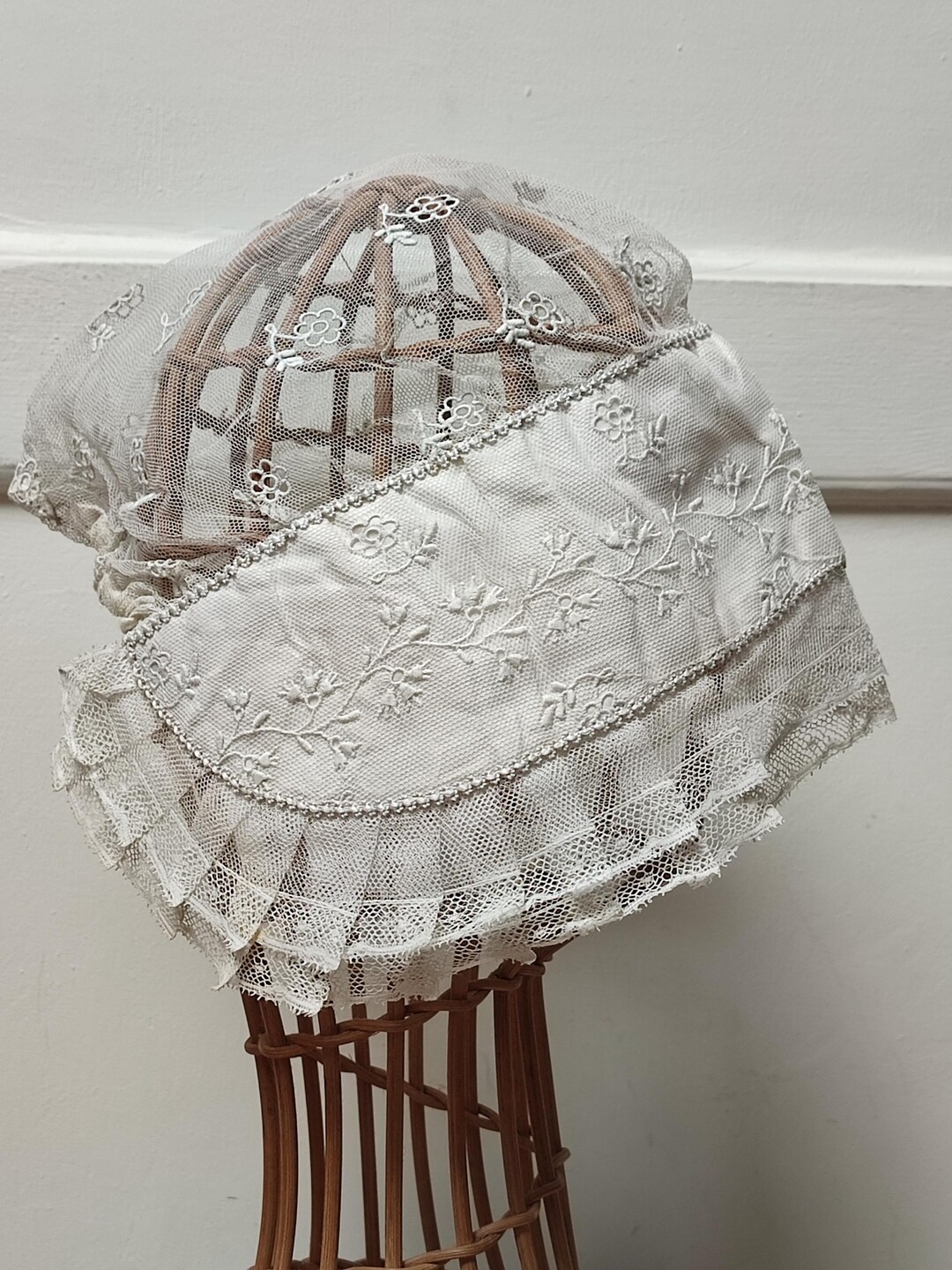 French Antique Coif, Lace Embroidered Floral Bonnet - Etsy UK