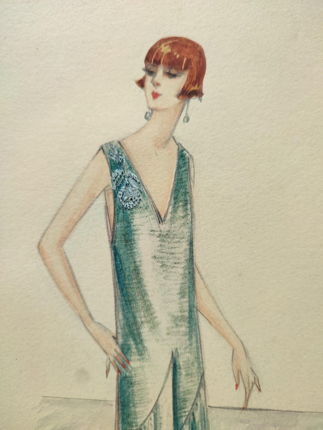 20s Drawing of a Green Flapper Dress Original Watercolor - Etsy