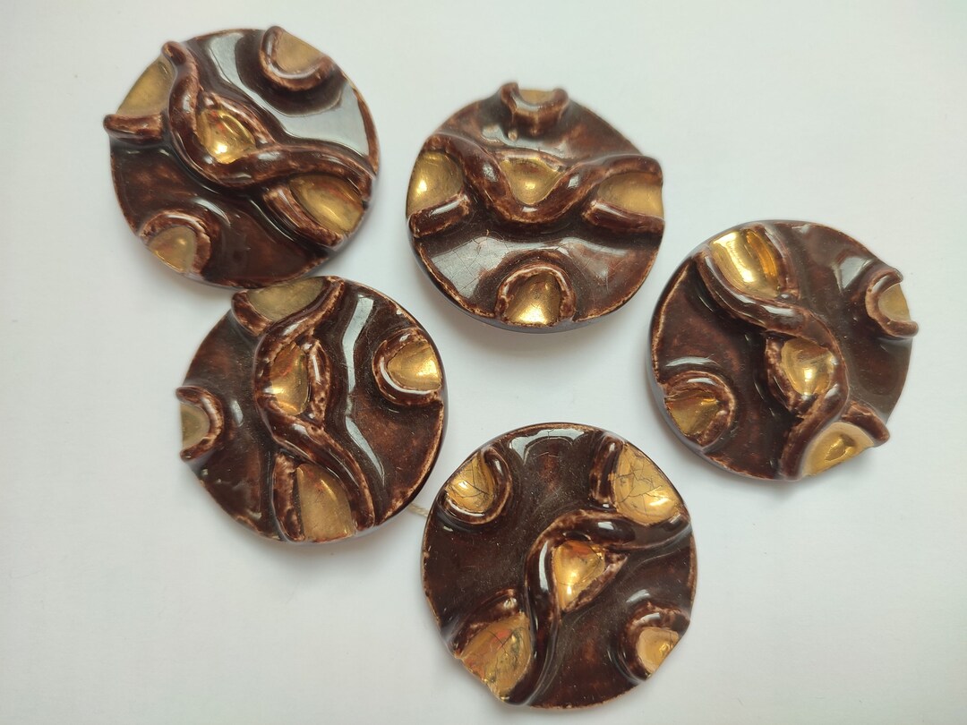 Large Unusual Ceramic Buttons in Brown and Gold, 50s French ...