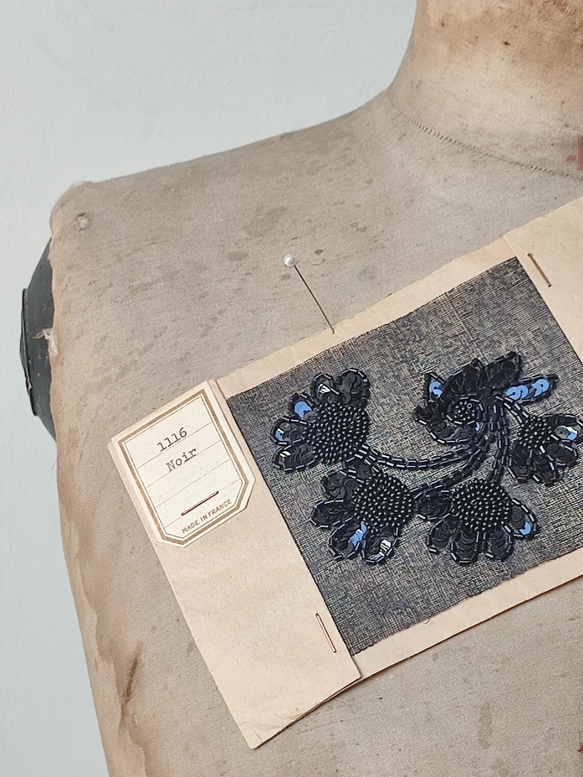 Black Beaded Flower Spray Appliqué Embroidered With Sequins, Art Déco ...