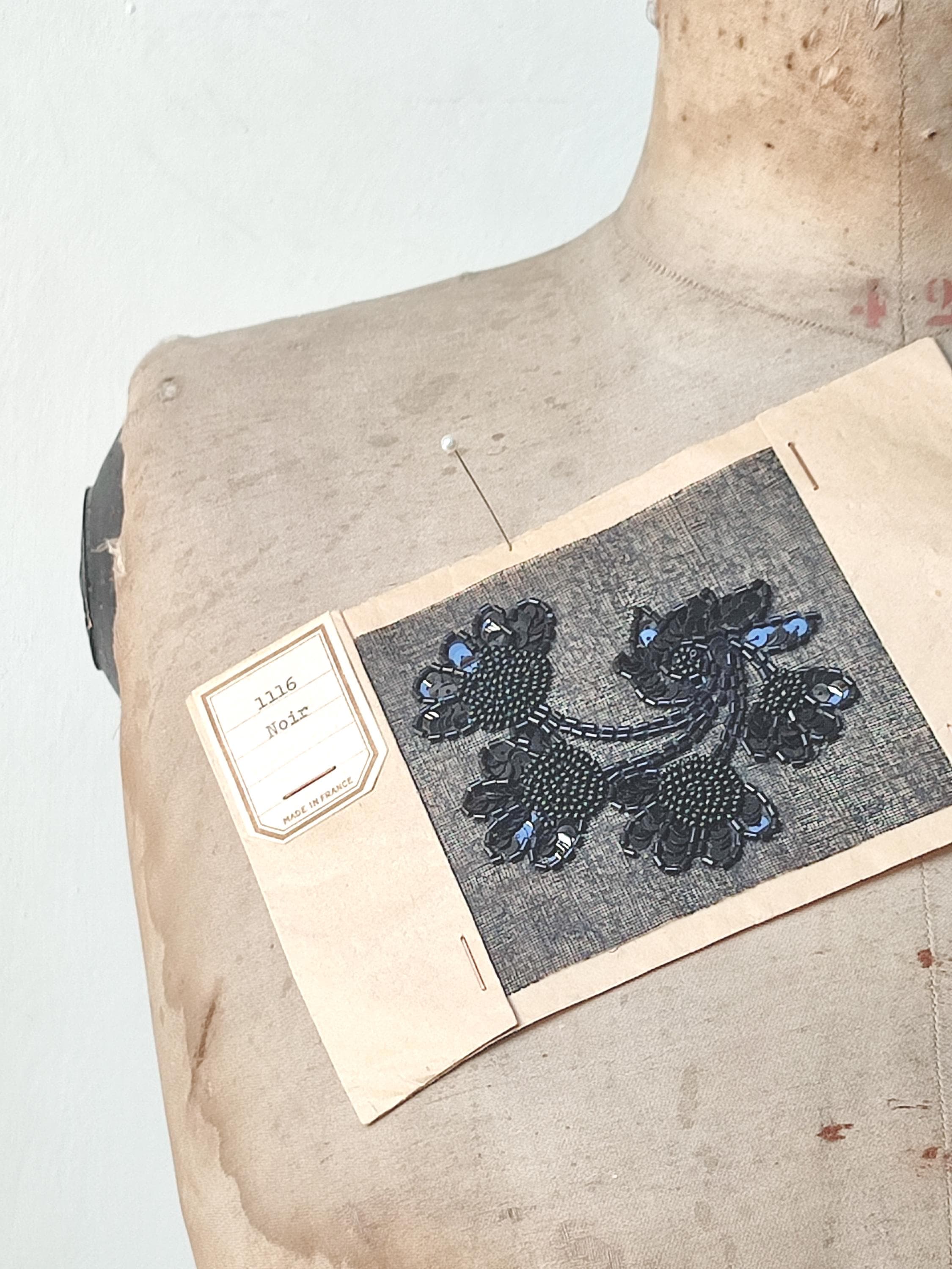 Black Beaded Flower Spray Appliqué Embroidered With Sequins, Art Déco ...