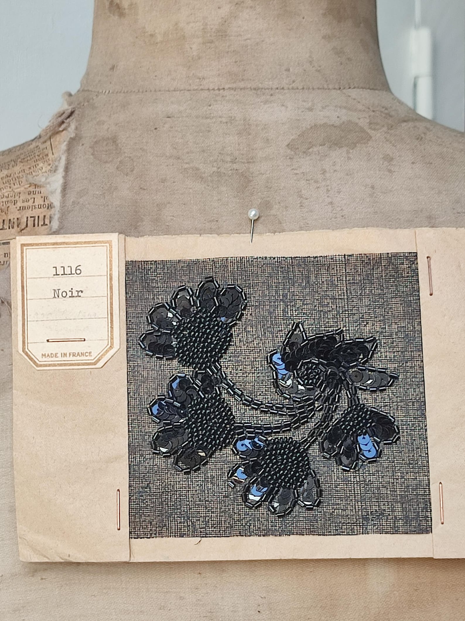 Black Beaded Flower Spray Appliqué Embroidered With Sequins, Art Déco ...