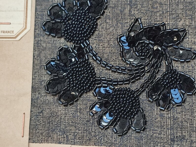 Black Beaded Flower Spray Appliqué Embroidered With Sequins, Art Déco ...