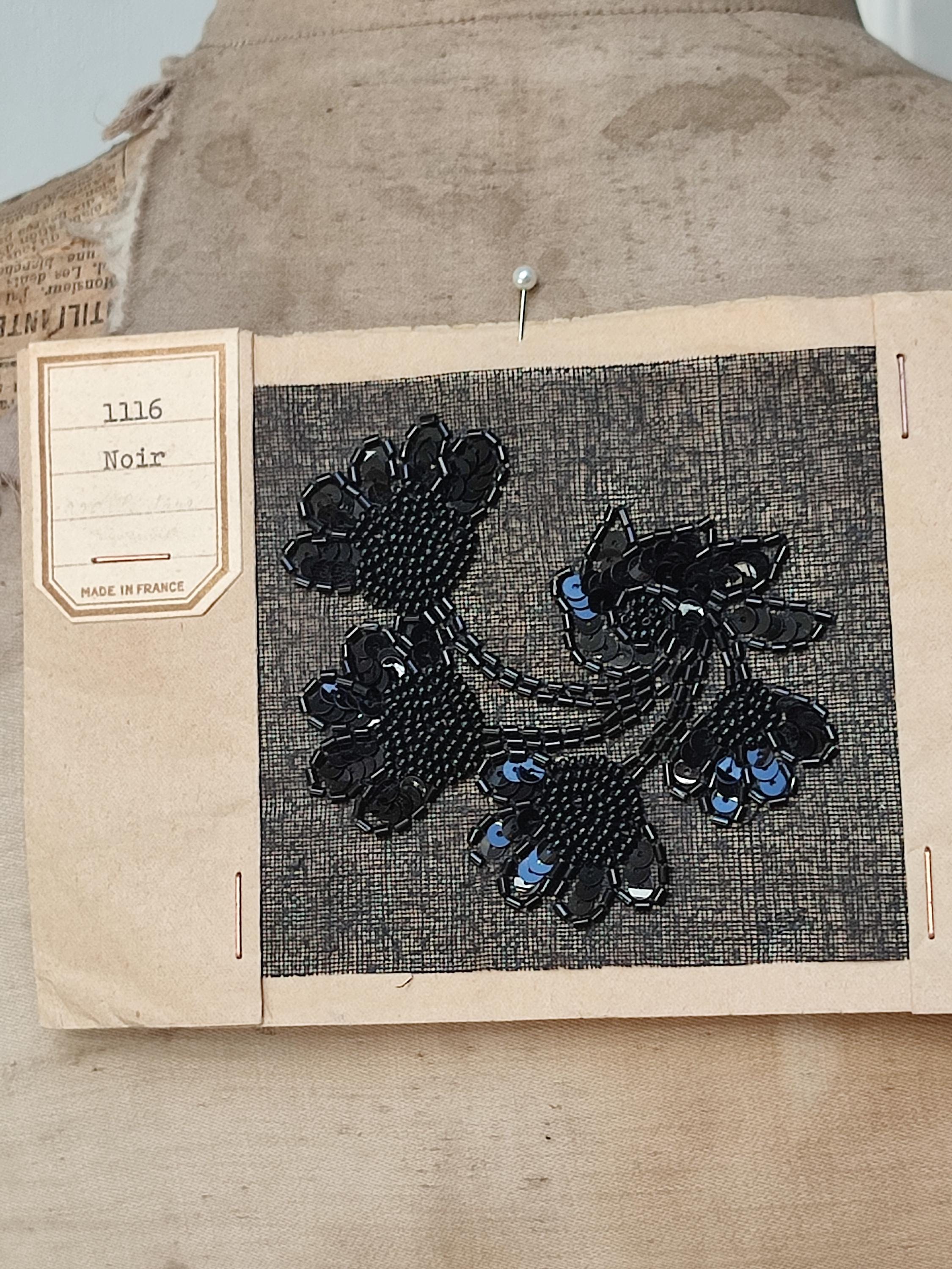Black Beaded Flower Spray Appliqué Embroidered With Sequins, Art Déco ...
