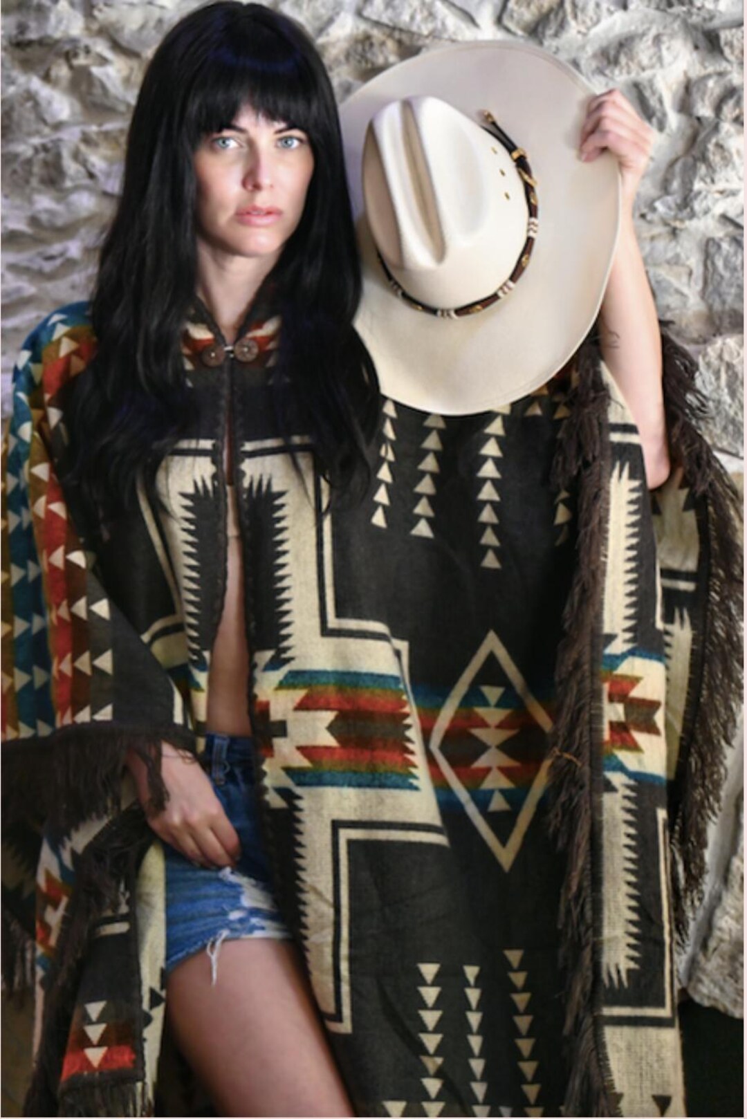 Southwest Alpaca Ruana, Poncho, Hooded Cape, Cloak, UNISEX, Reversible ...