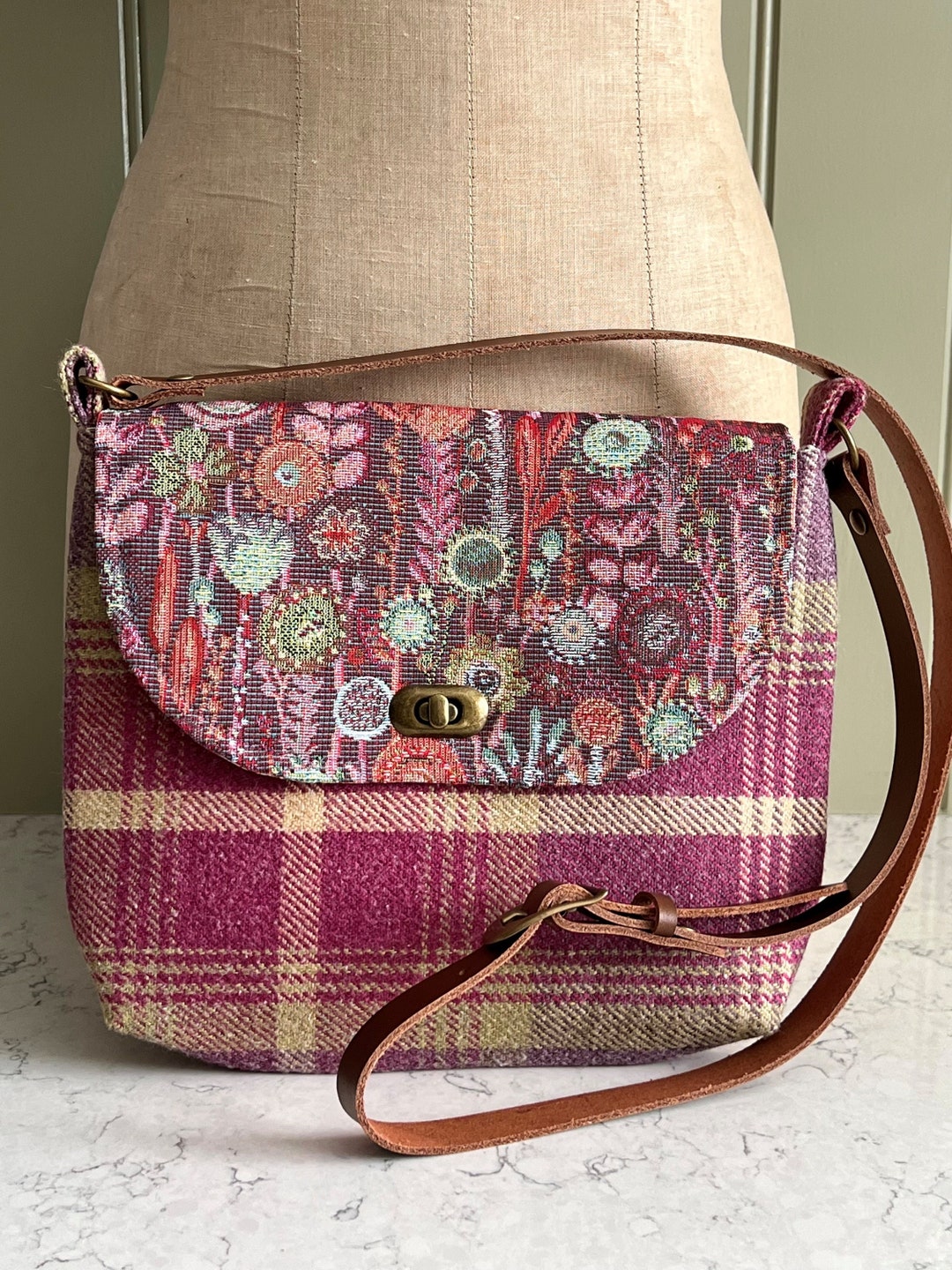 The Evie Bag Purple Check Tweed Messenger Bag With Floral - Etsy