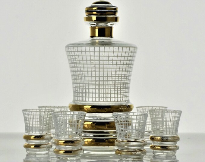 Mid Century Glass Decanter Set, 1970s, Checkered Glass Liqueur Set ...