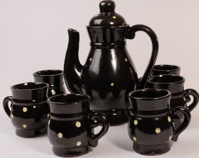 Ceramic Chocolate / Coffee Pot Set for 6, Black and Yellow Polka Dots ...