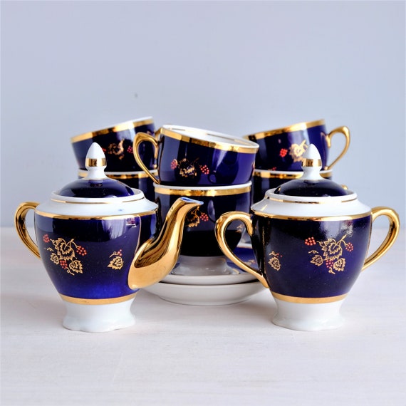 Tea Set Vintage for 6 Cobalt Blue Tea Pot Set Tea Cups and - Etsy