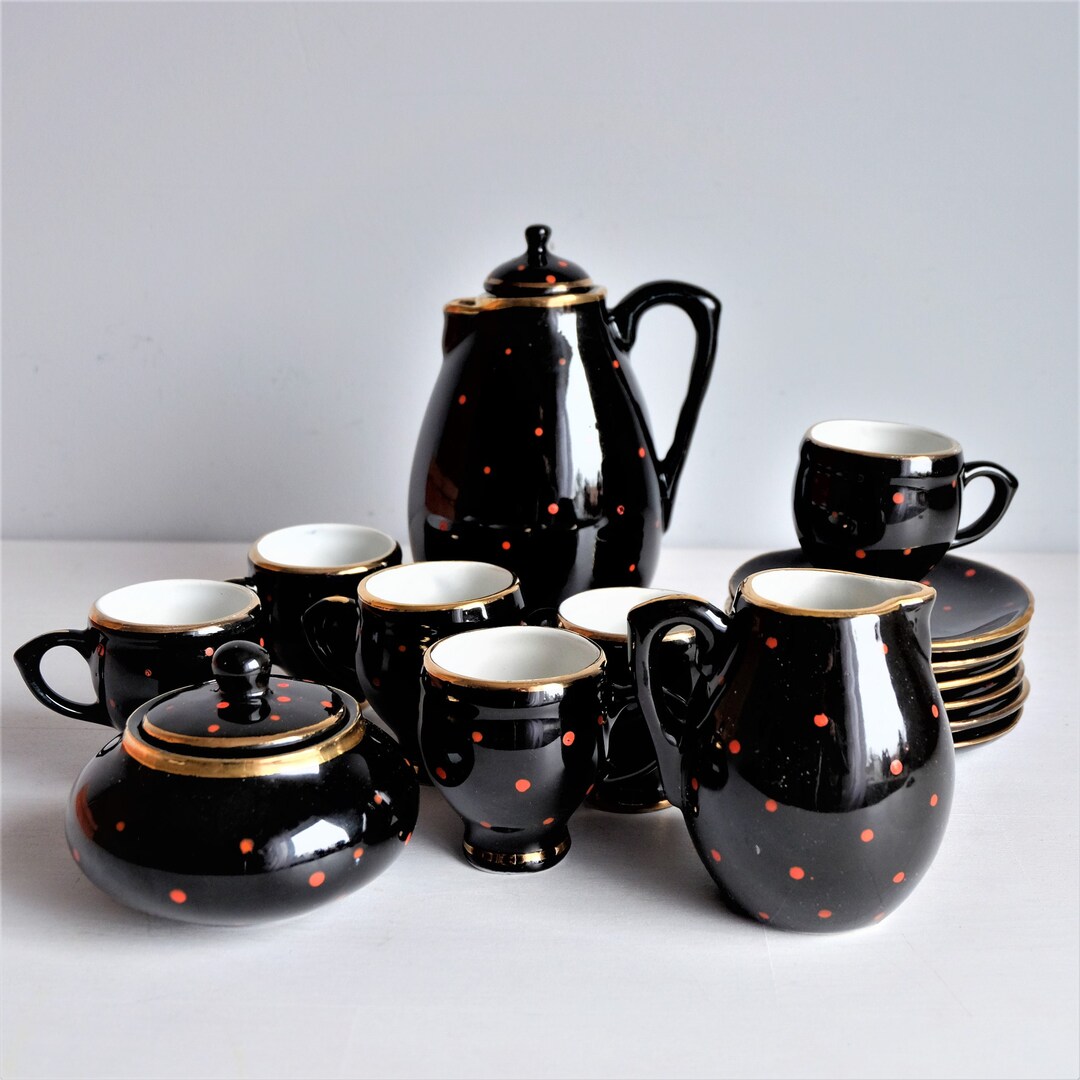 Ceramic Coffee Set for 6, USSR, 1970s, Retro Black and Red Tea Set, Mid ...