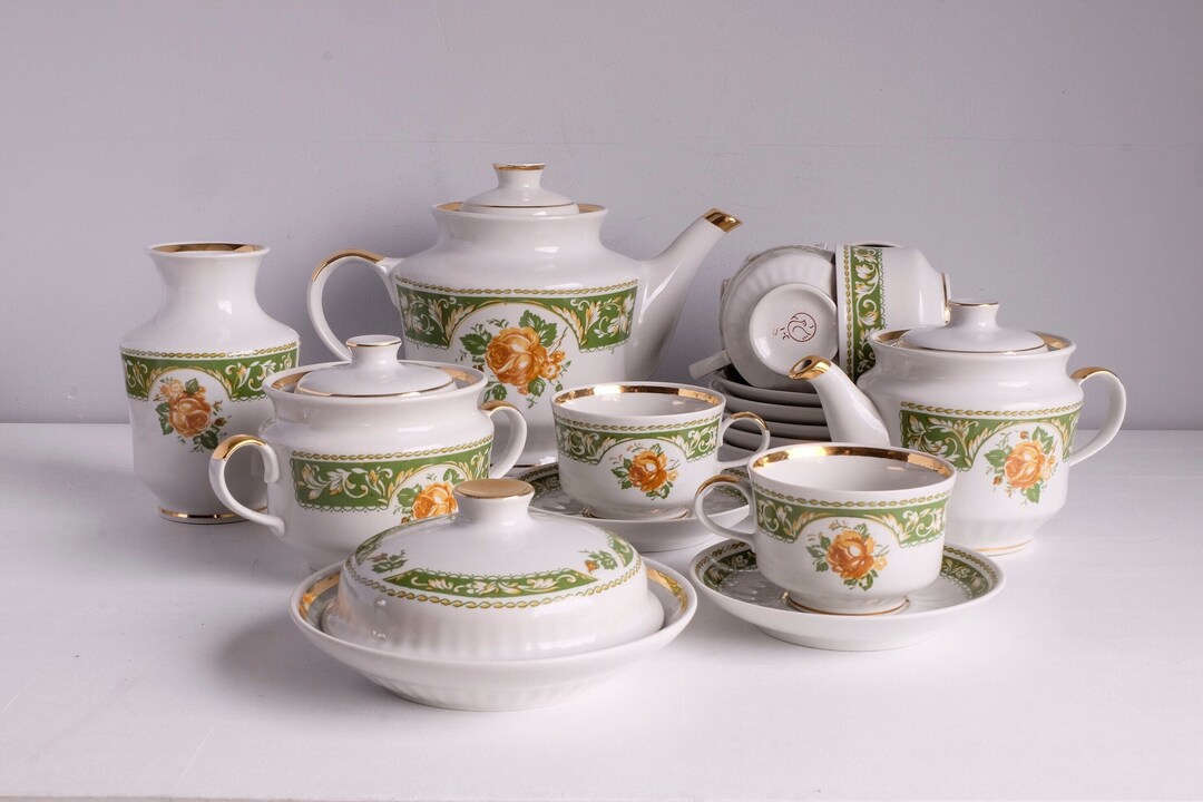 Tea Set for 6, Vintage White Green Tea Service, Afternoon Tea, Coffee ...