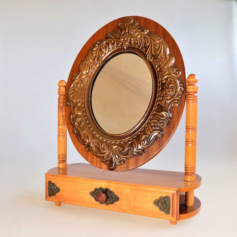 Desk Mirror With Storage Swivel Table Mirror With Wooden | Etsy