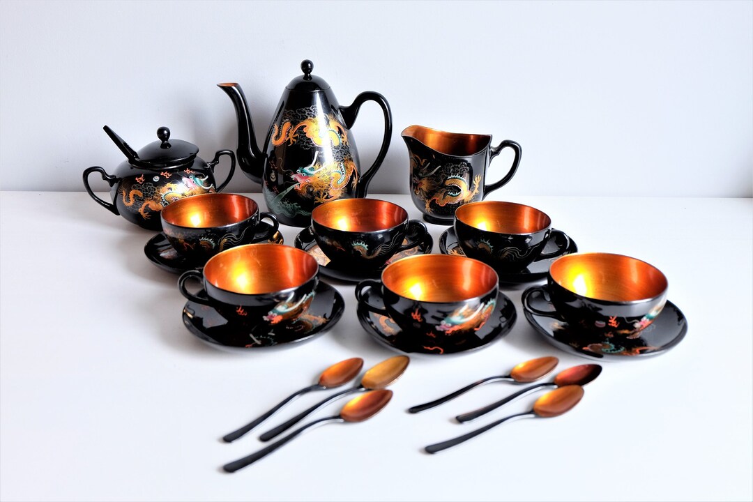 22 Pcs Rare Chinese Hand Painted Tea Set, Vintage Black Lacquered Wood ...