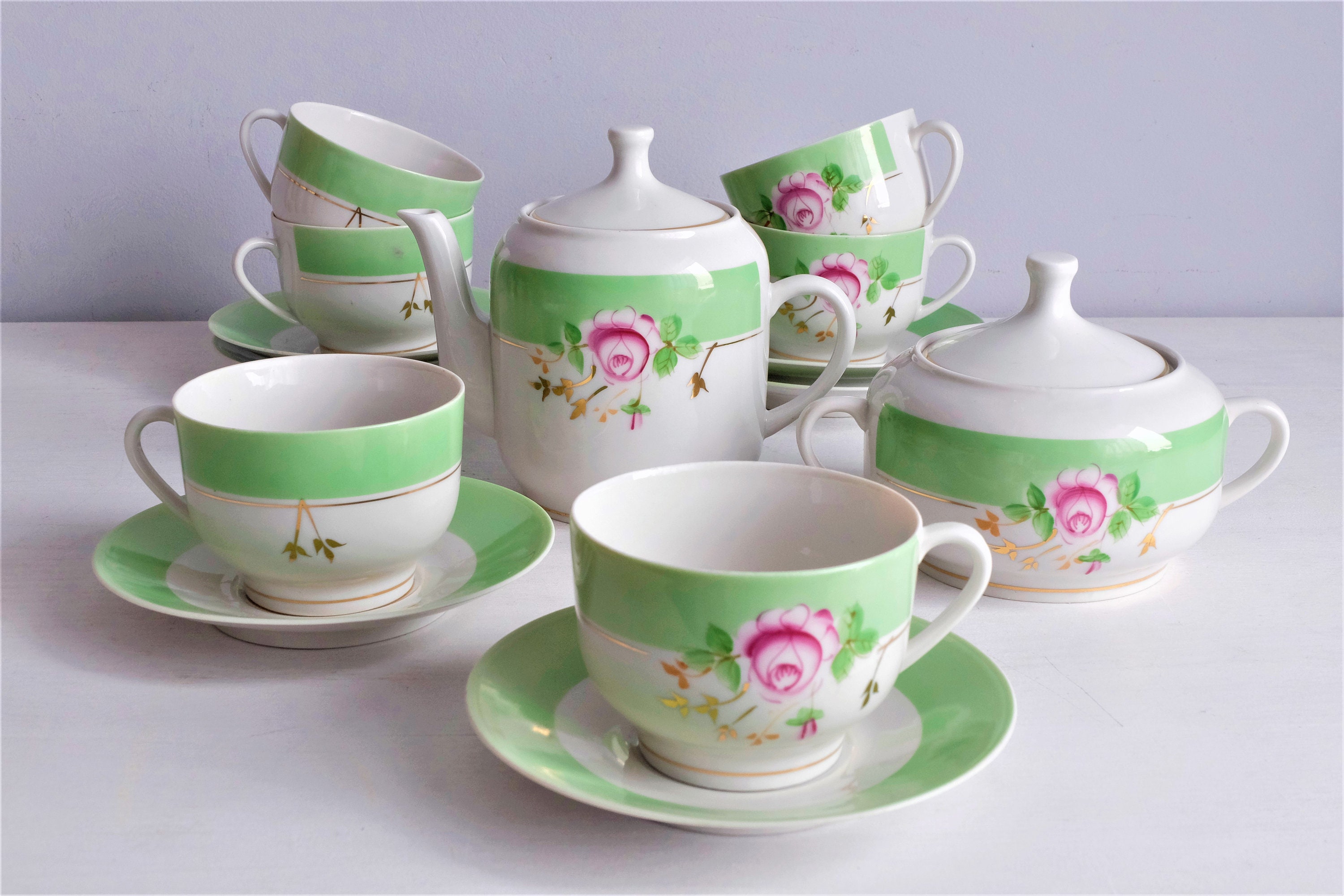 Hand Painted Tea Set for 6 Tea Cups and Saucers Hand Painted - Etsy