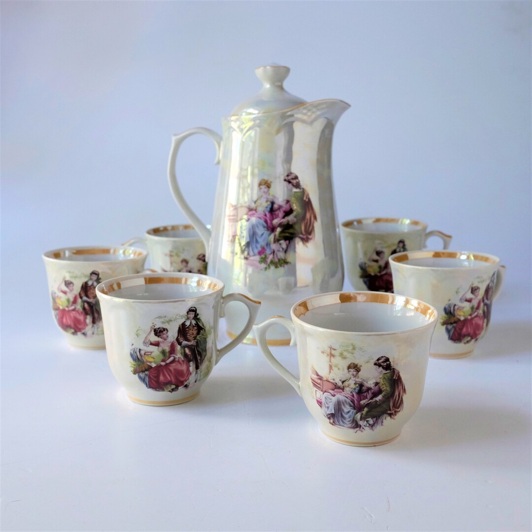 Pitcher and 6 Mugs Set, Lidded Jug With Large Cups, Milk Jug, Water Jug ...