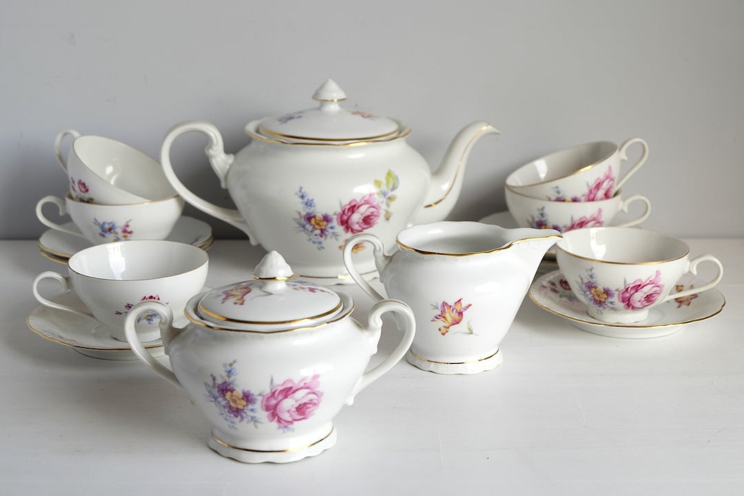 Floral Gilded Fine Chinese Tea Set for 6, EPIAG DF, Czechoslovakia ...