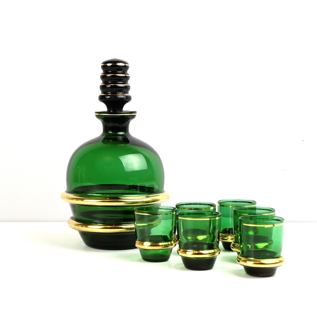 Vintage Green Glass Liquor Set, Decanter Set With 6 Glasses, Glassware ...