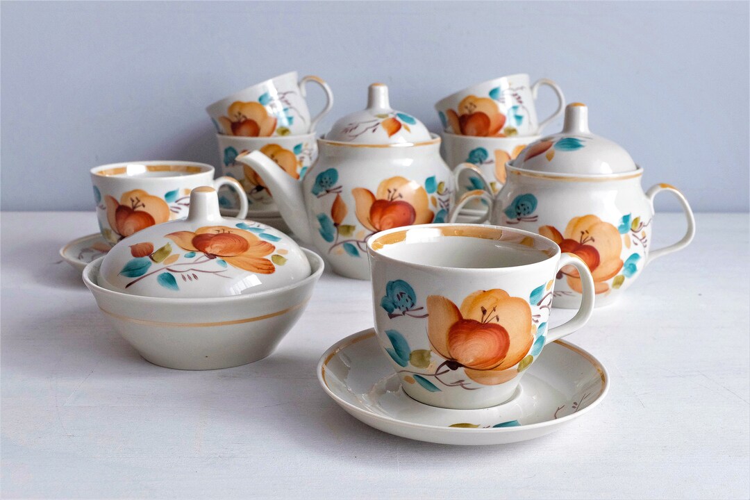 Hand Painted Tea Set for 6, Tea Cups and Saucers, Tea Service, Mid ...