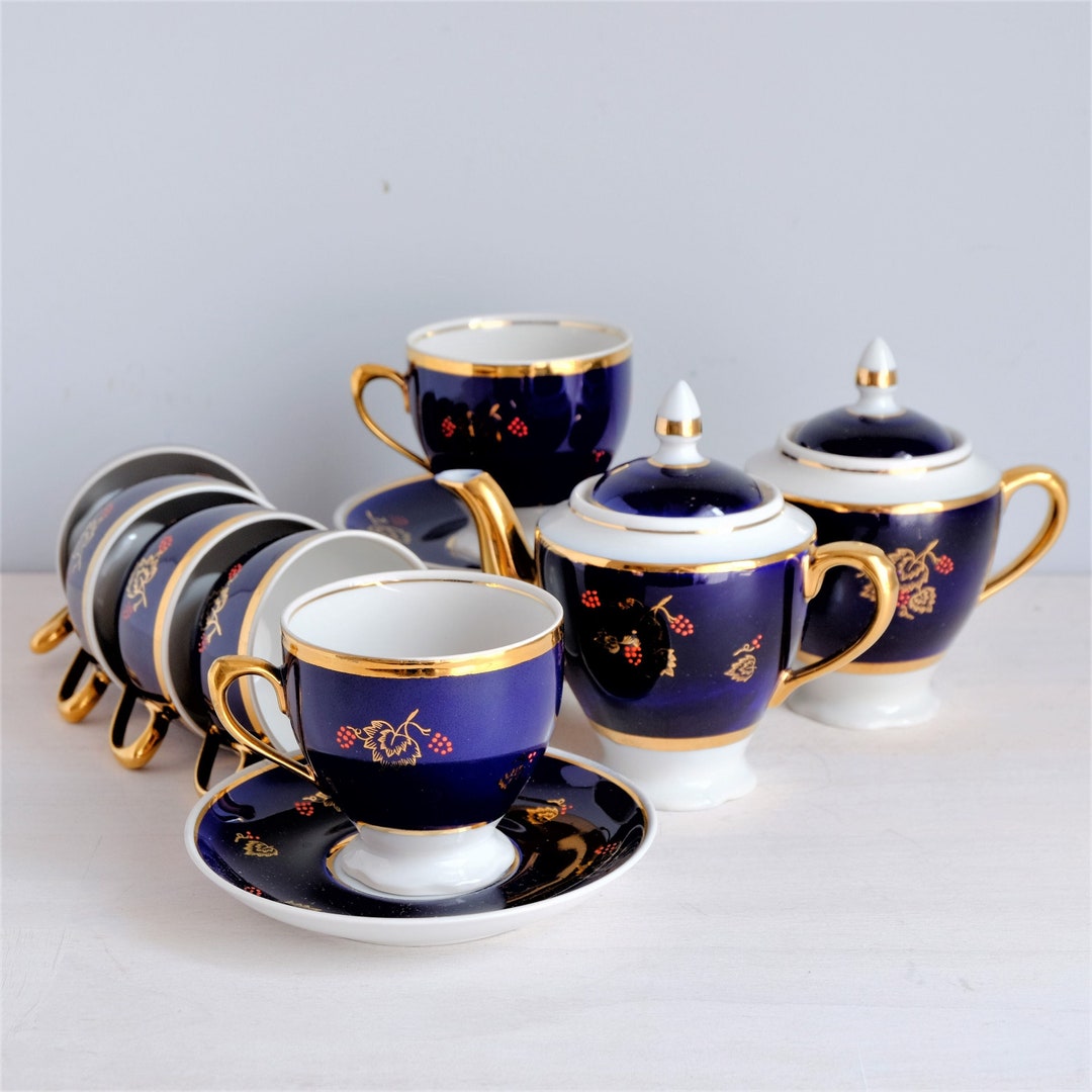 Tea Set Vintage for 6 Cobalt Blue Tea Pot Set Tea Cups and - Etsy