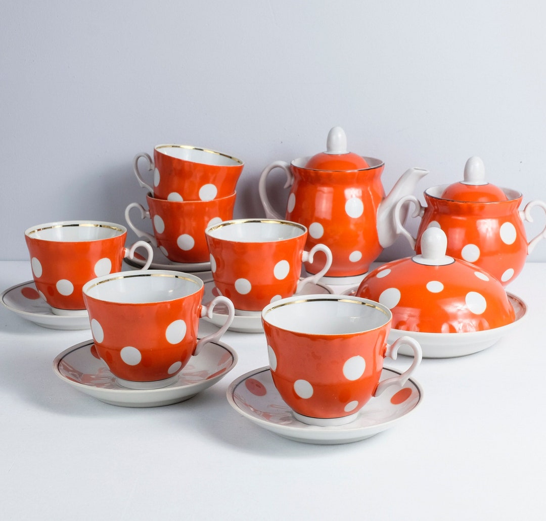 Polka Dot Tea Set for 6, Red White Teapot Set, Mid Century Tea Serviсe ...