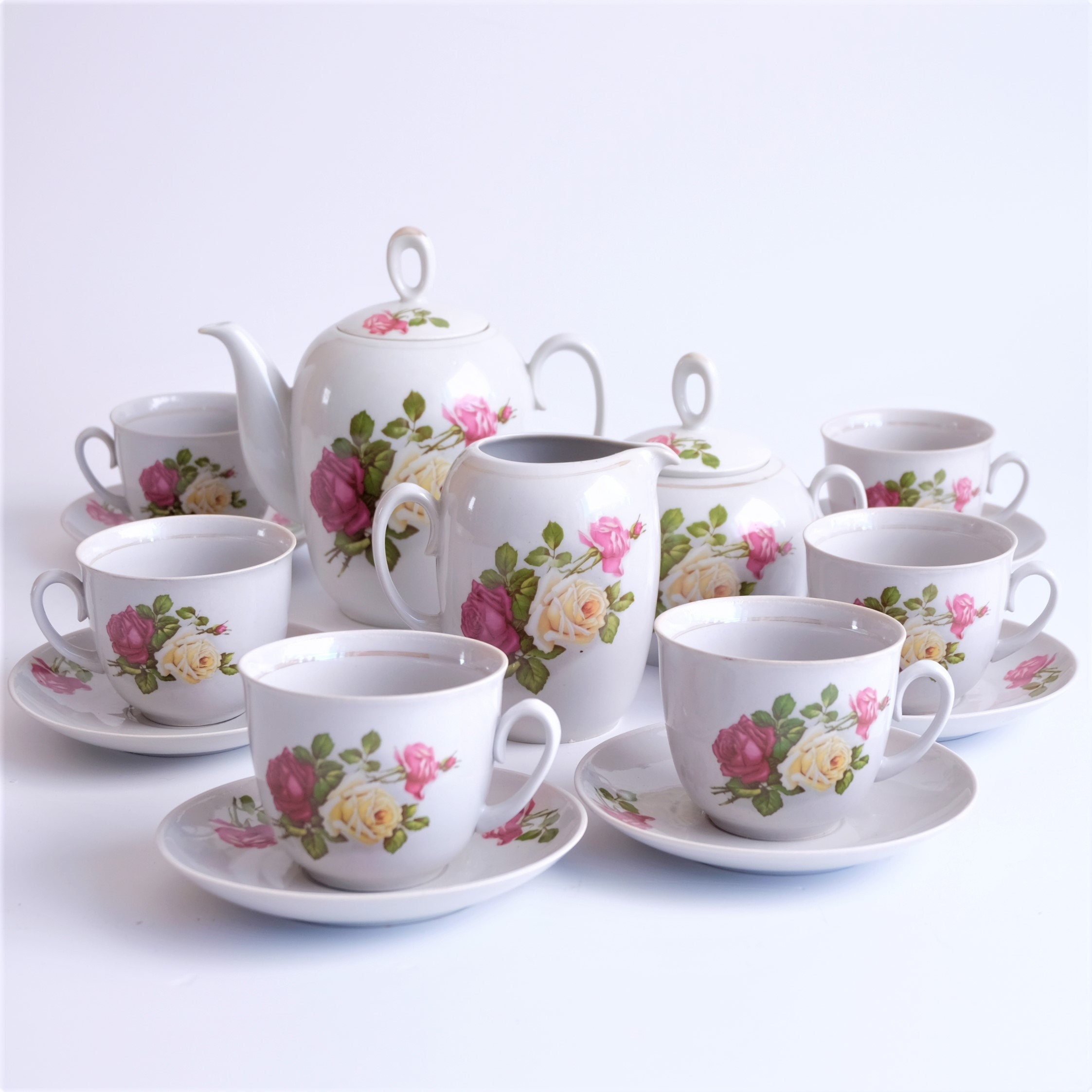 Vintage Tea Set for 6, USSR 80s, Tea Cups and Saucers, White Tea ...