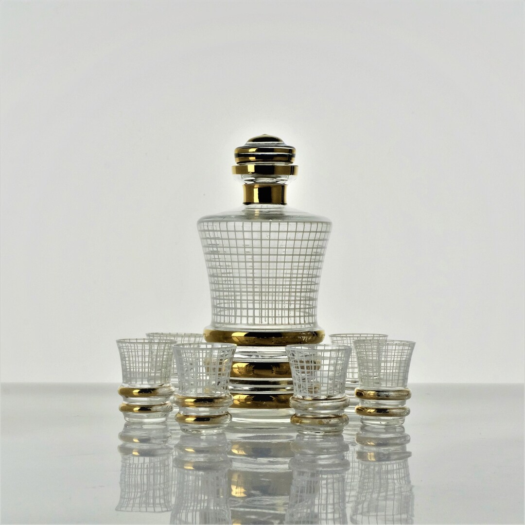 Mid Century Glass Decanter Set 1970s Checkered Glass Liqueur - Etsy