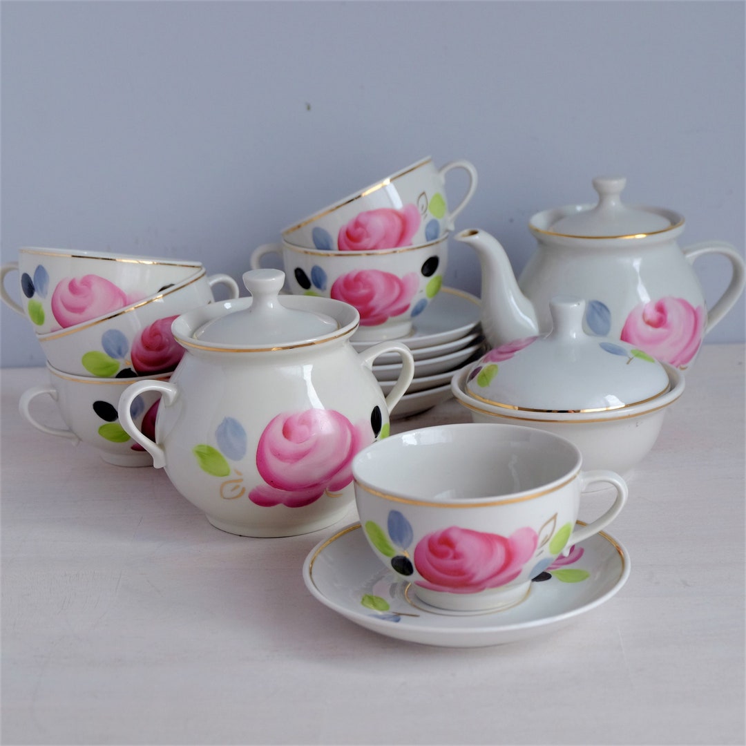Rare Vintage Hand Painted Tea Set for 6, Floral Tea Cups and Saucers ...