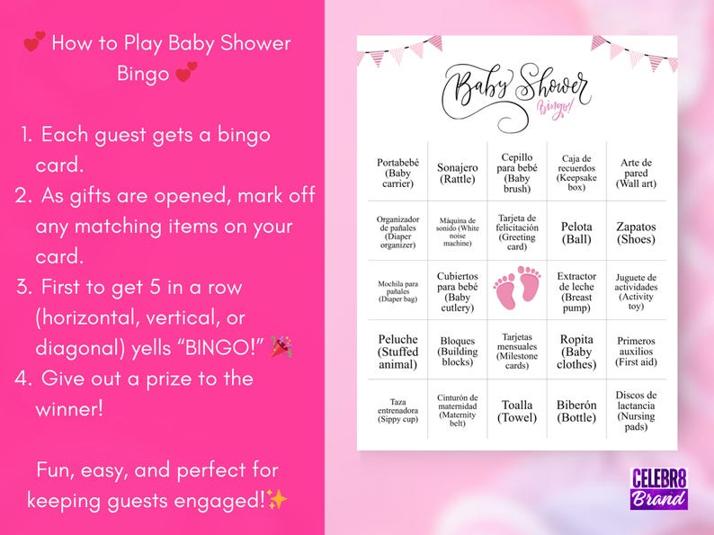 Baby Shower Bingo for Girl, Pink Bilingual Spanish English Bingo, Juego ...