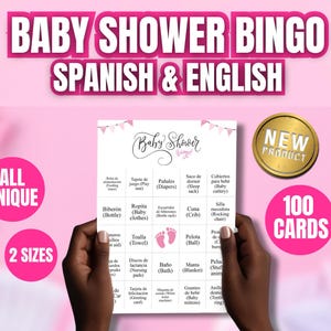 Baby Shower Bingo for Girl, Pink Bilingual Spanish English Bingo, Juego ...