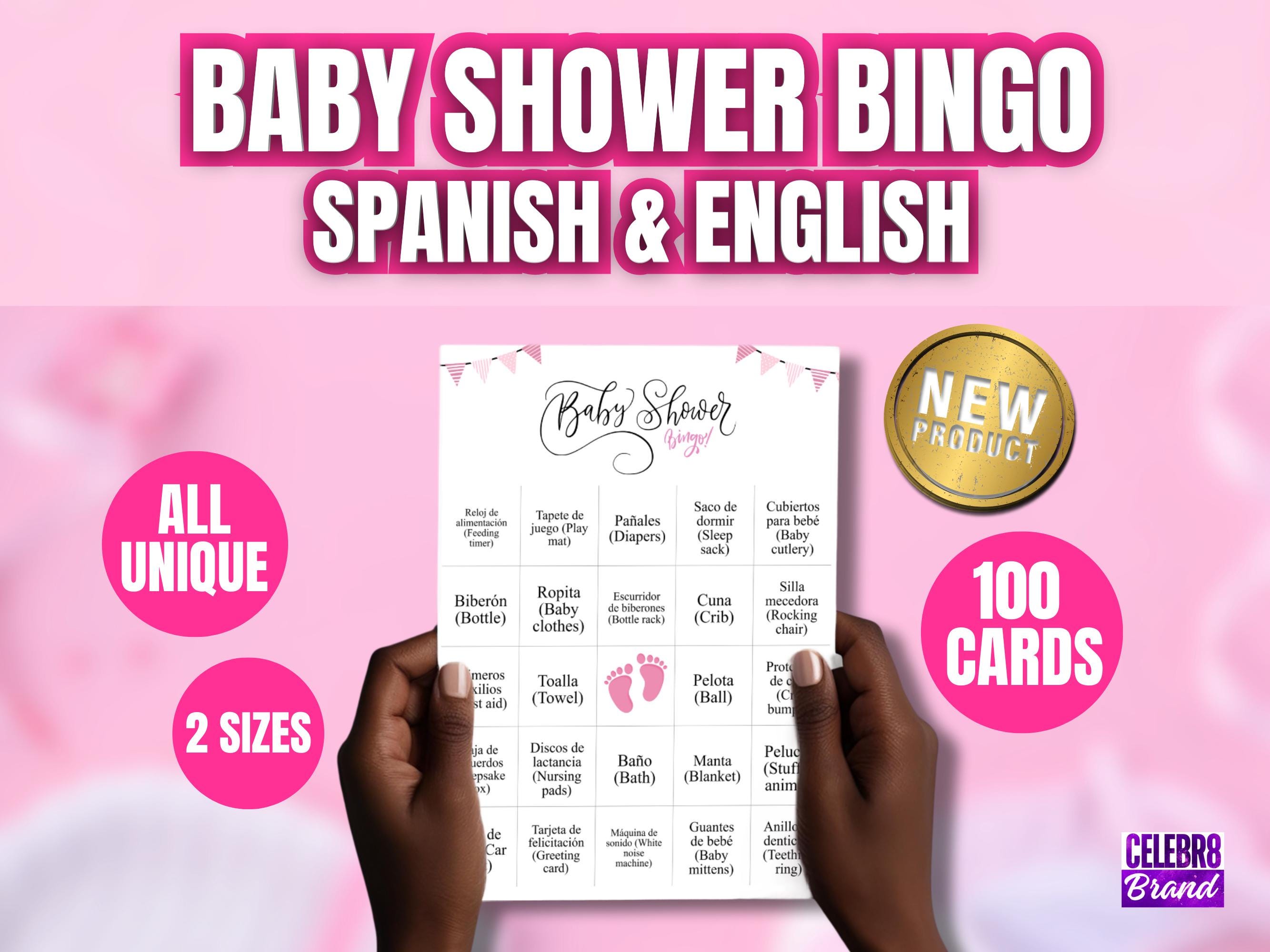 Baby Shower Bingo for Girl, Pink Bilingual Spanish English Bingo, Juego ...