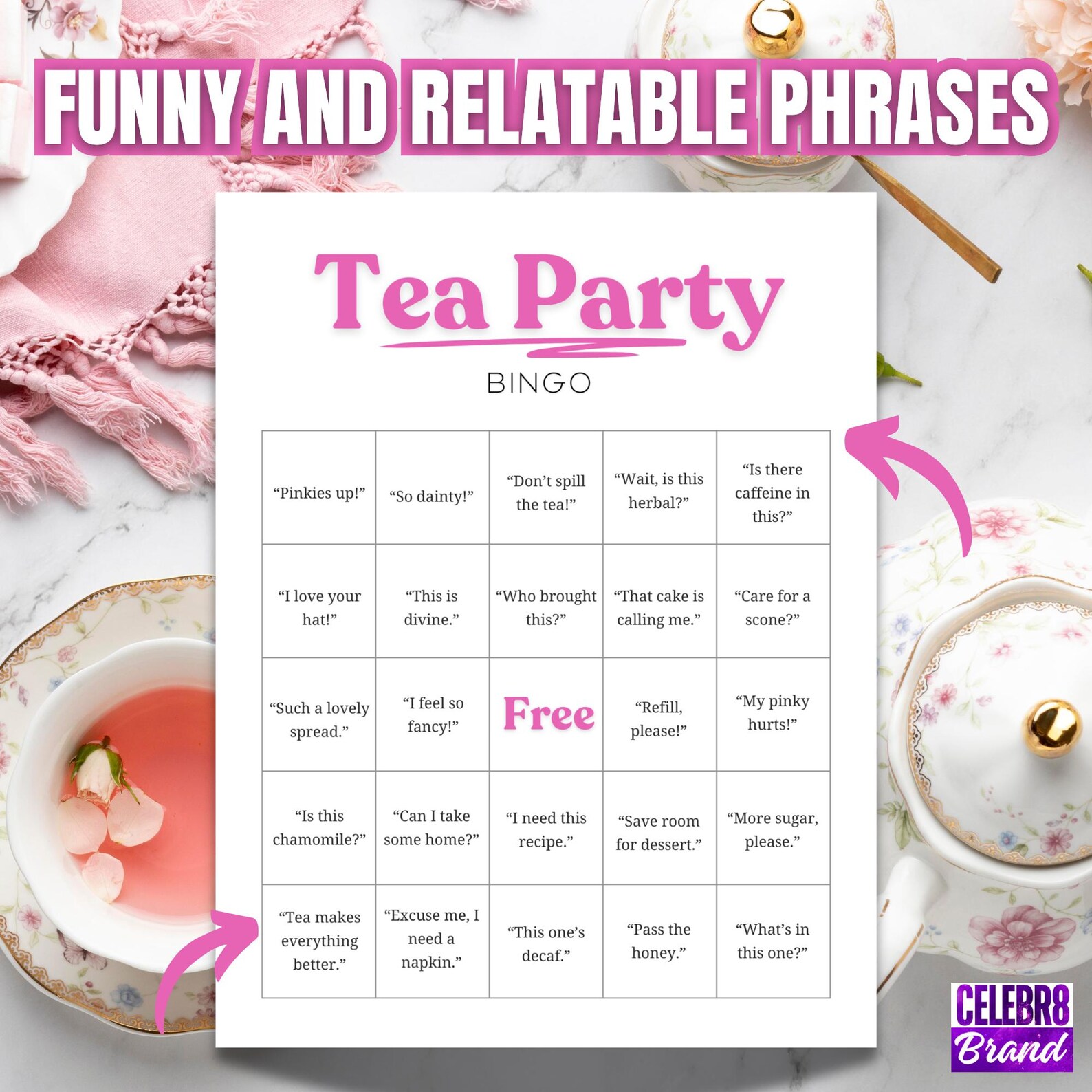 Tea Party Bingo Game Printable, Women's Tea Party Game, Pink Tea Party ...