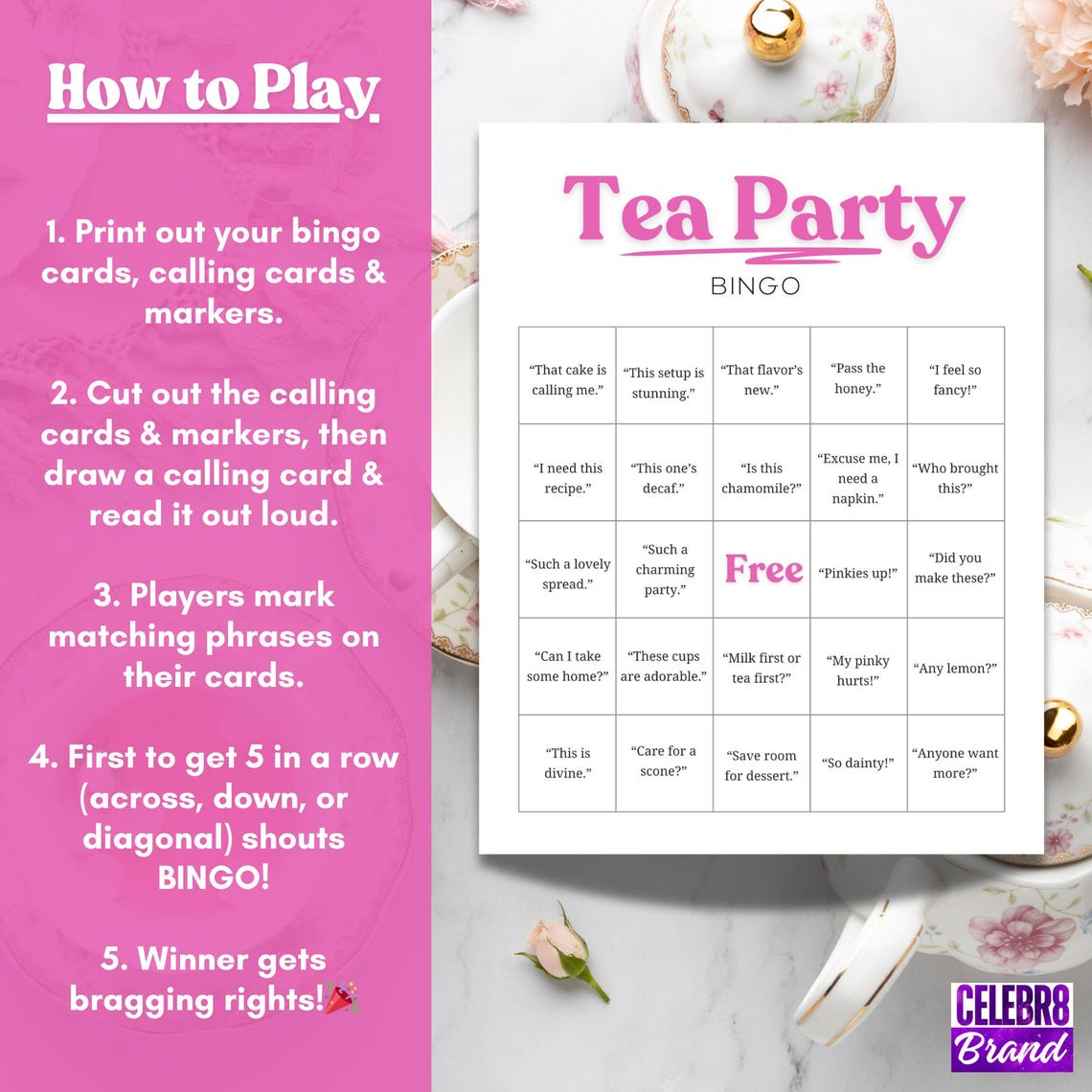 Tea Party Bingo Game Printable, Women's Tea Party Game, Pink Tea Party ...