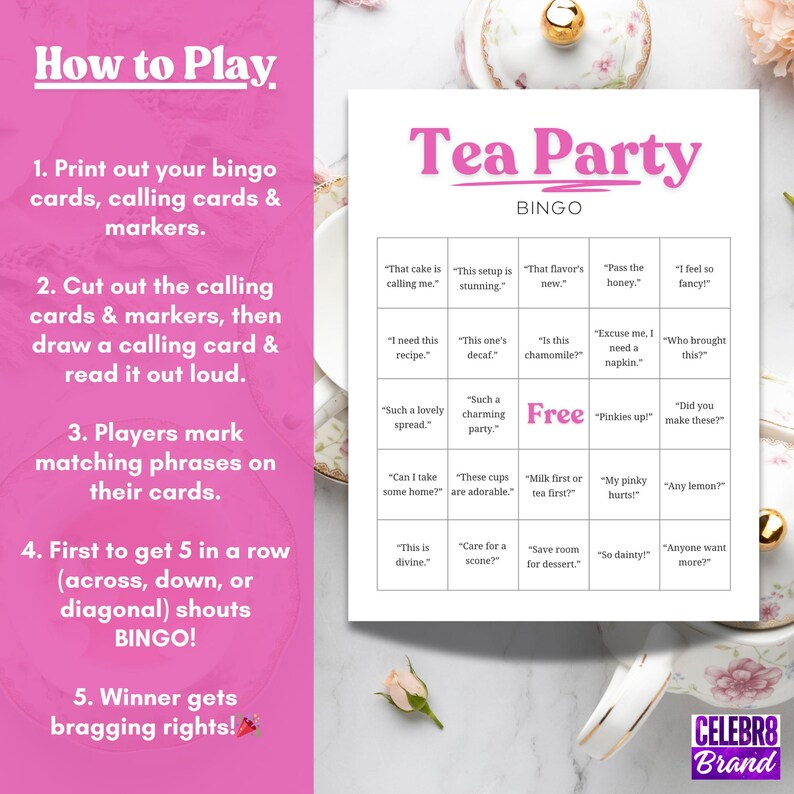 Tea Party Bingo Game Printable, Women's Tea Party Game, Pink Tea Party ...