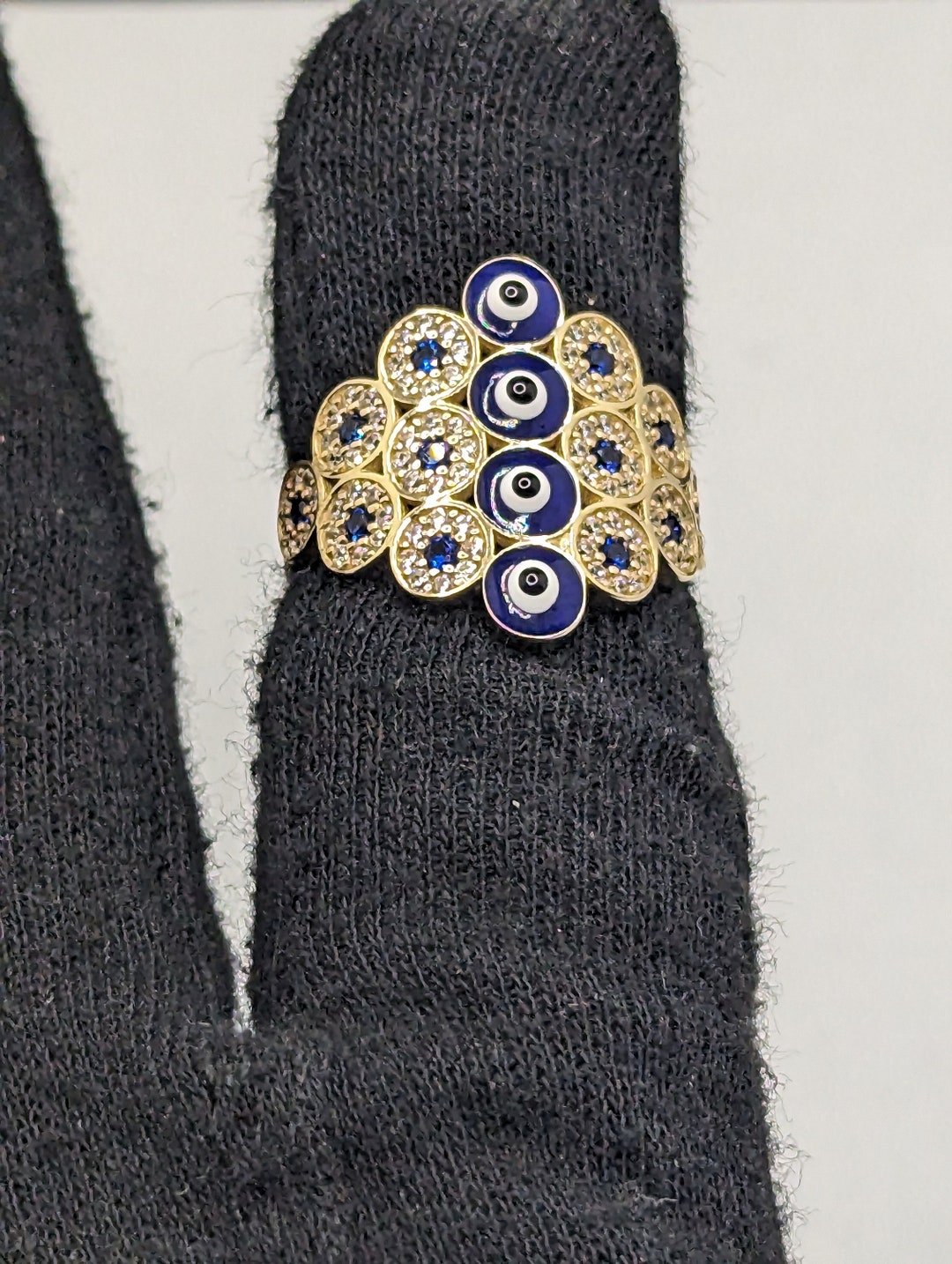 Real 10k Yellow Gold Evil Eye Hamsa Ring Brilliant Cut White Topaz ...