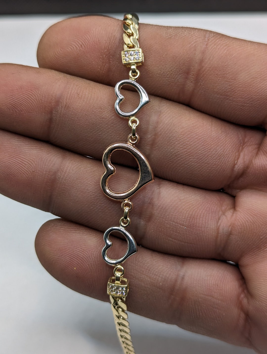 Real 10k Gold Women Heart Cuban Link Bracelet Tri Color Gold Valentine ...