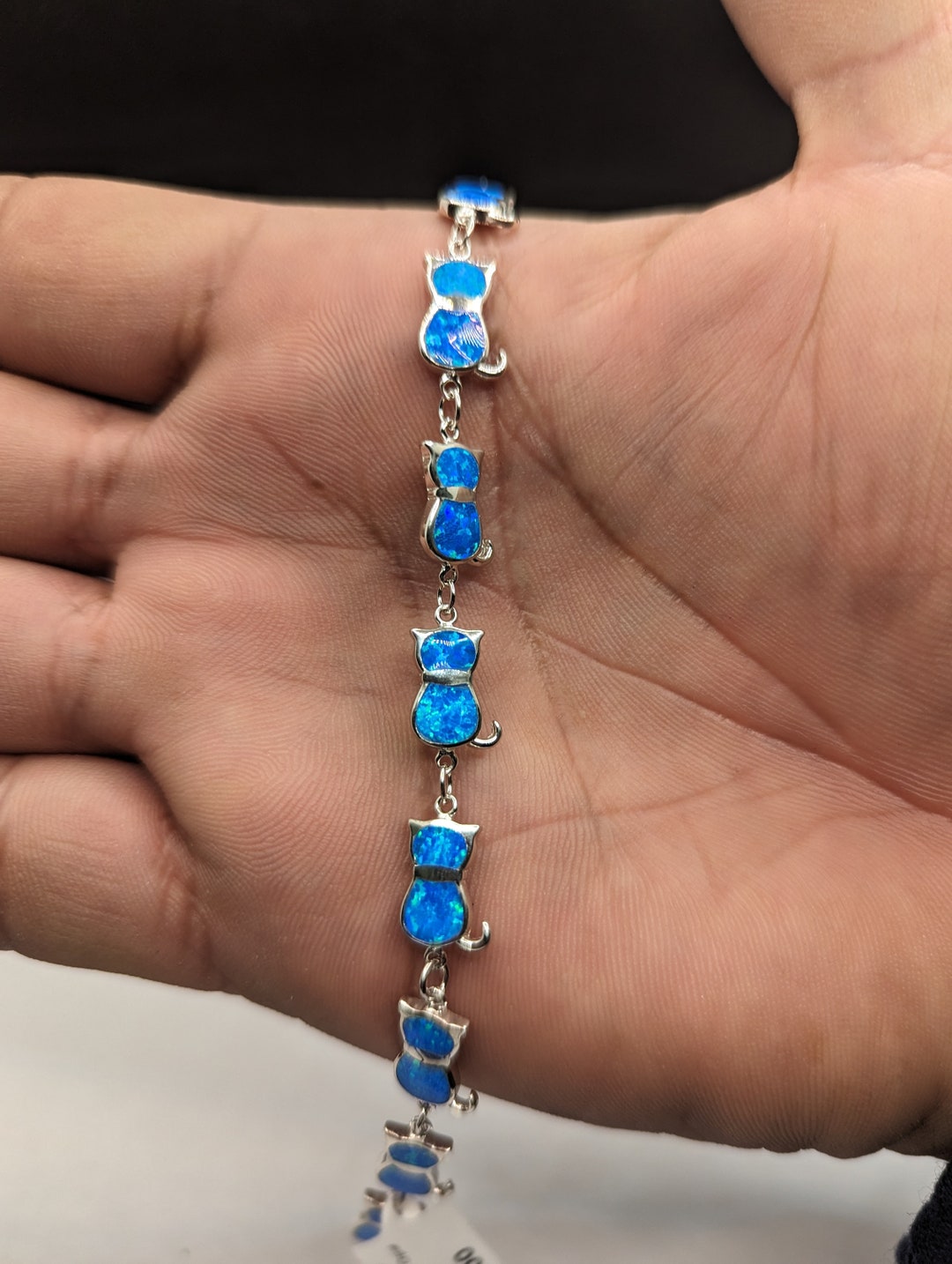Sterling Silver Blue Inlaid Opal Cat Bracelet 14k White Gold Rhodium ...