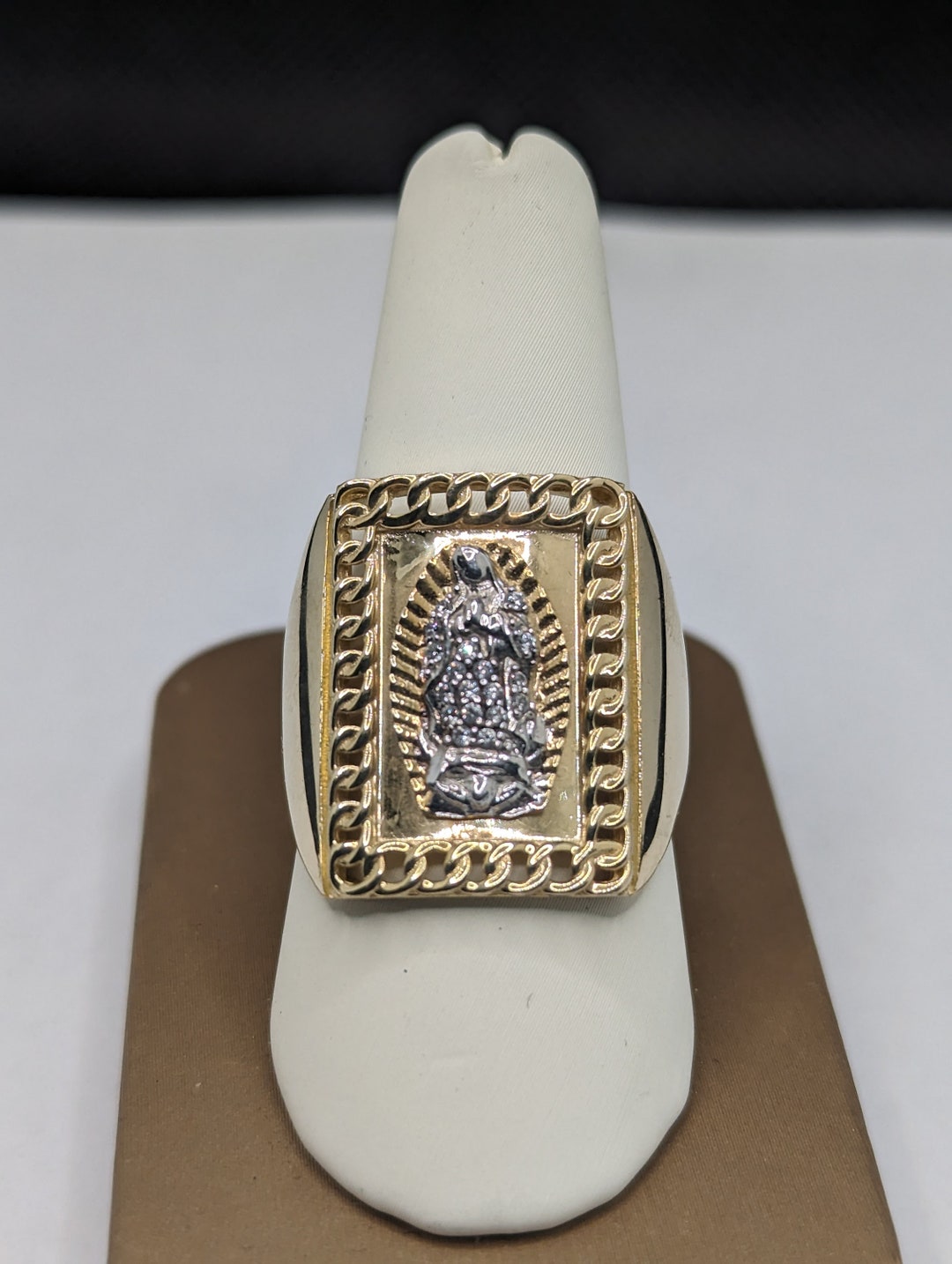 Real 10k Gold Men's Virgin Mary Ring White Topaz Cuban Link Frame ...