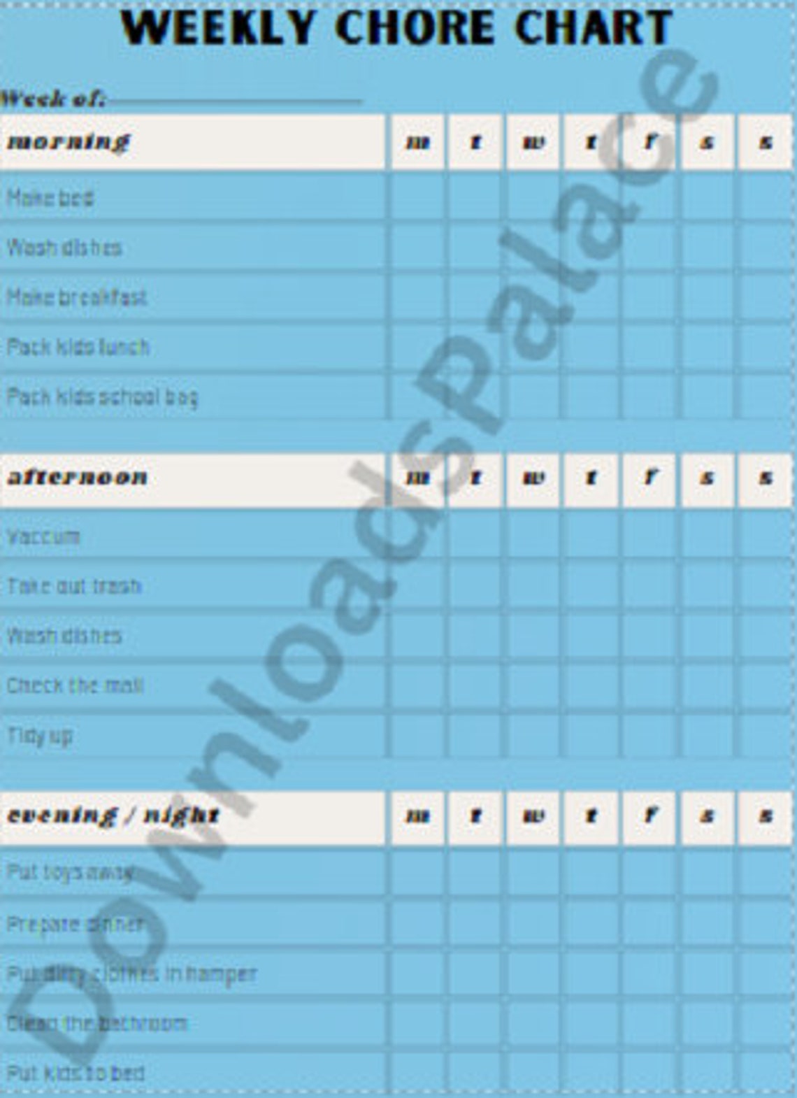 6 Different Color Weekly Chore Chart, Chore Chart, Kids Chore Chart ...