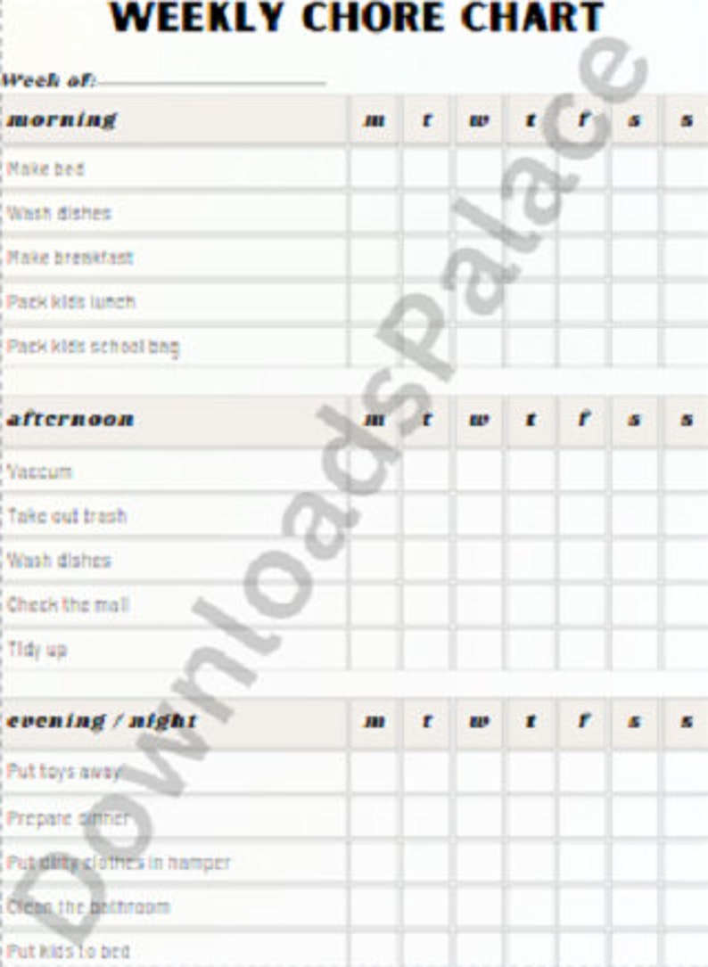 6 Different Color Weekly Chore Chart, Chore Chart, Kids Chore Chart ...