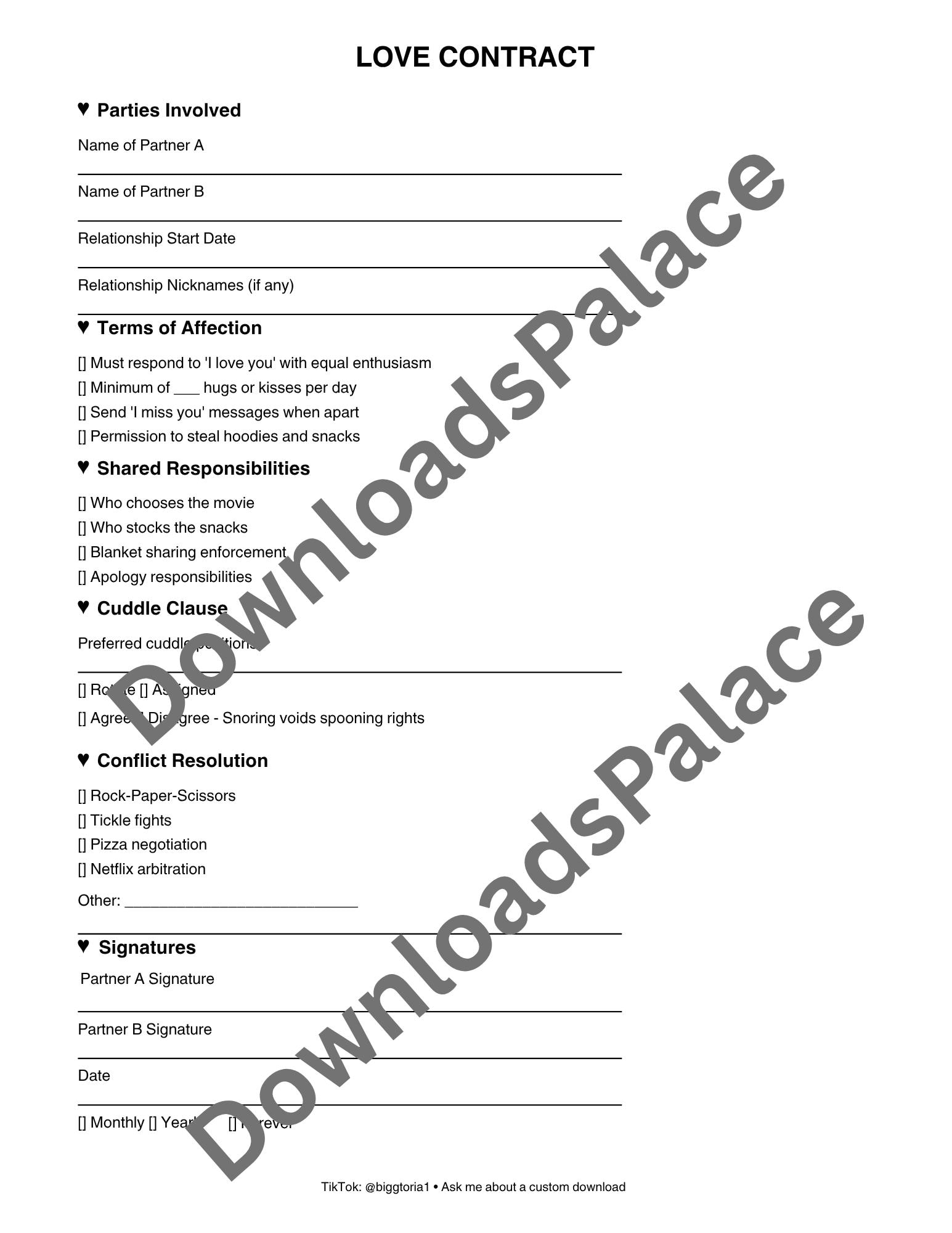 Funny Love Contract Printable | Couples Agreement PDF | Romantic ...