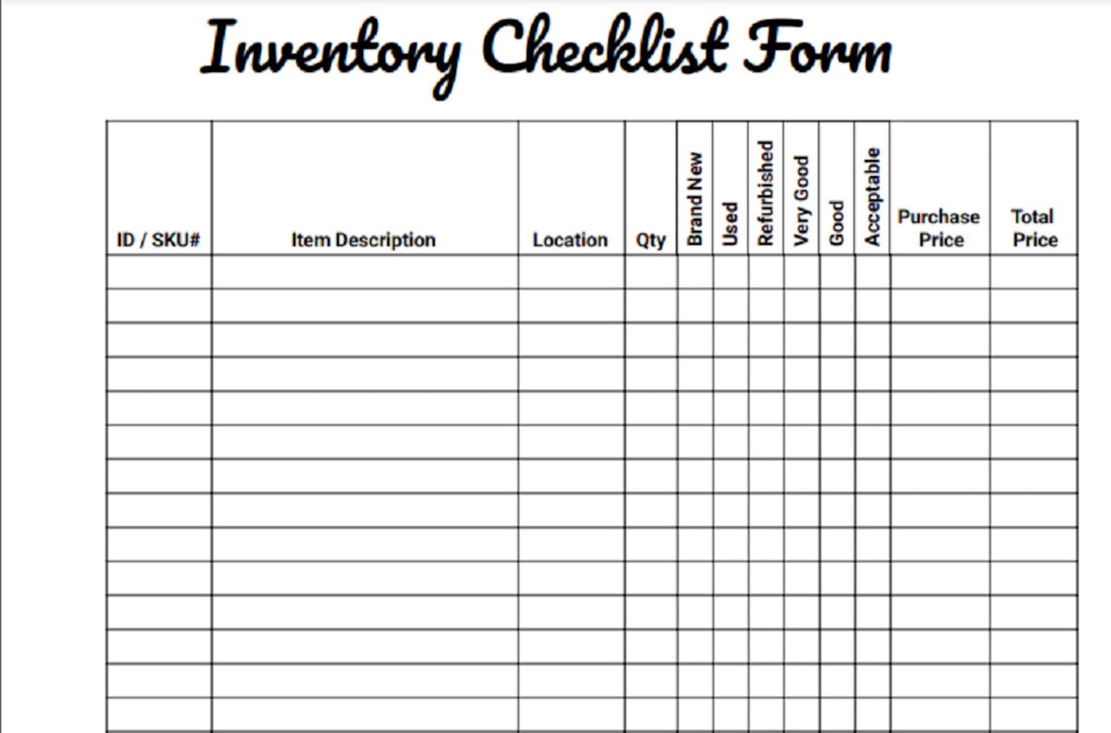 Inventory Checklist Form Home Inventory, Office Inventory, Restaurant ...