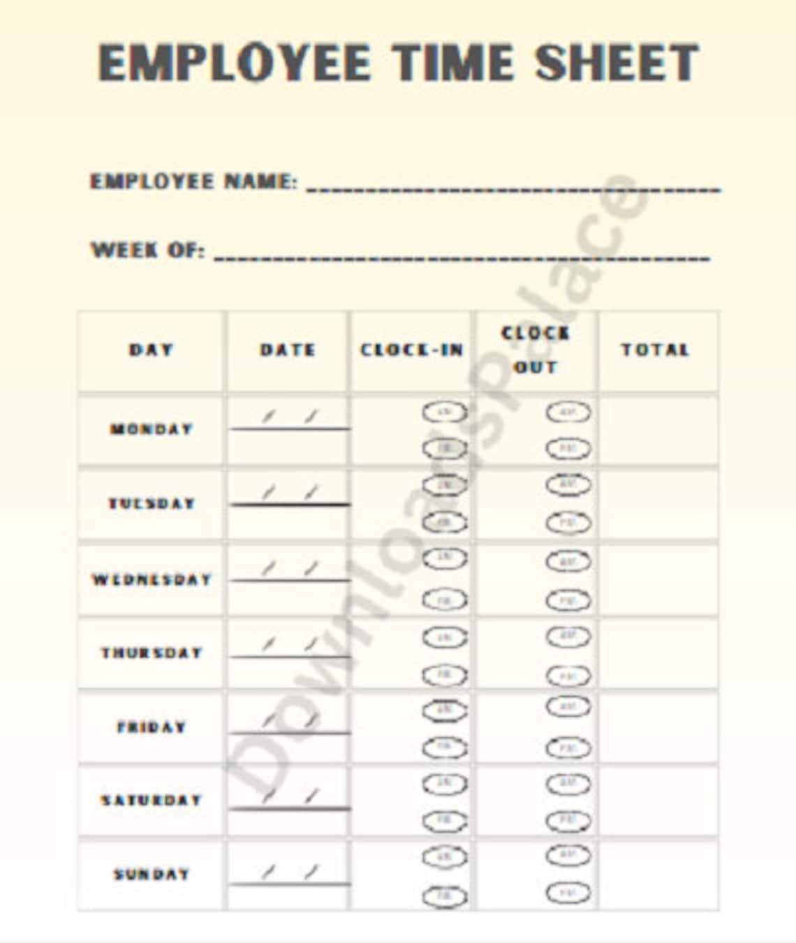 Employee Time Sheet, 4 Different Colors, Weekly Time Sheet, Employee ...