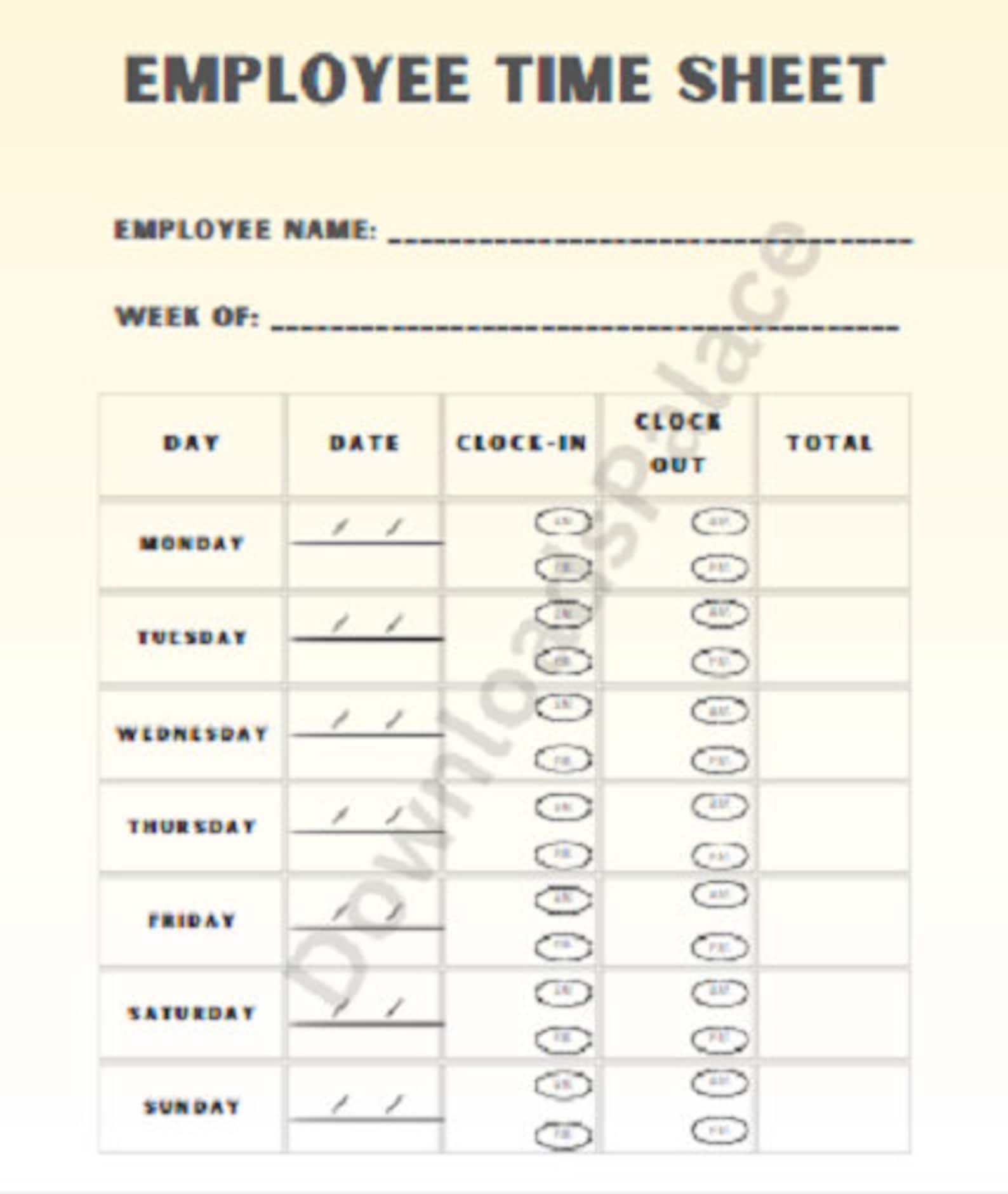 Employee Time Sheet, 4 Different Colors, Weekly Time Sheet, Employee ...
