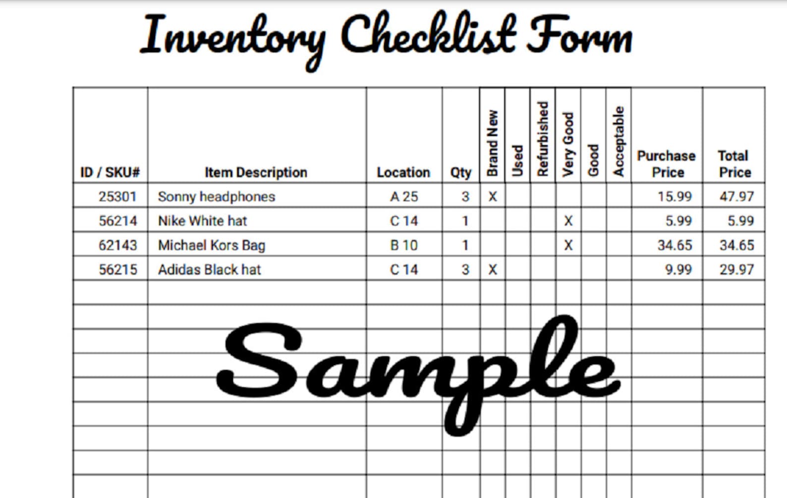 Inventory Checklist Form Home Inventory, Office Inventory, Restaurant ...