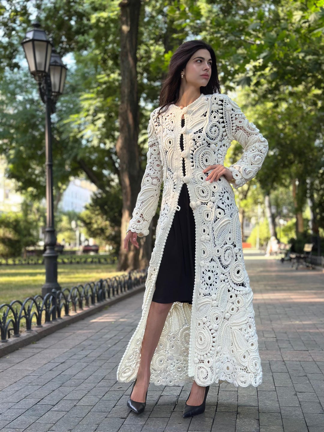 White Irish Crochet Cardigan – Long Handmade Lace Coat for Special ...