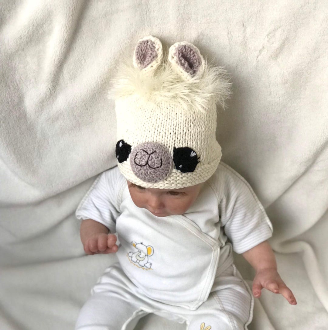 White Baby Llama Beanie, Warm Knit Hat With Ears, Wool Infant Cap ...