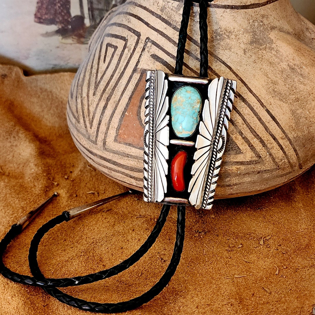 Navajo Bolo Tie Turquoise Coral Bolo Sterling Silver Men's Western ...
