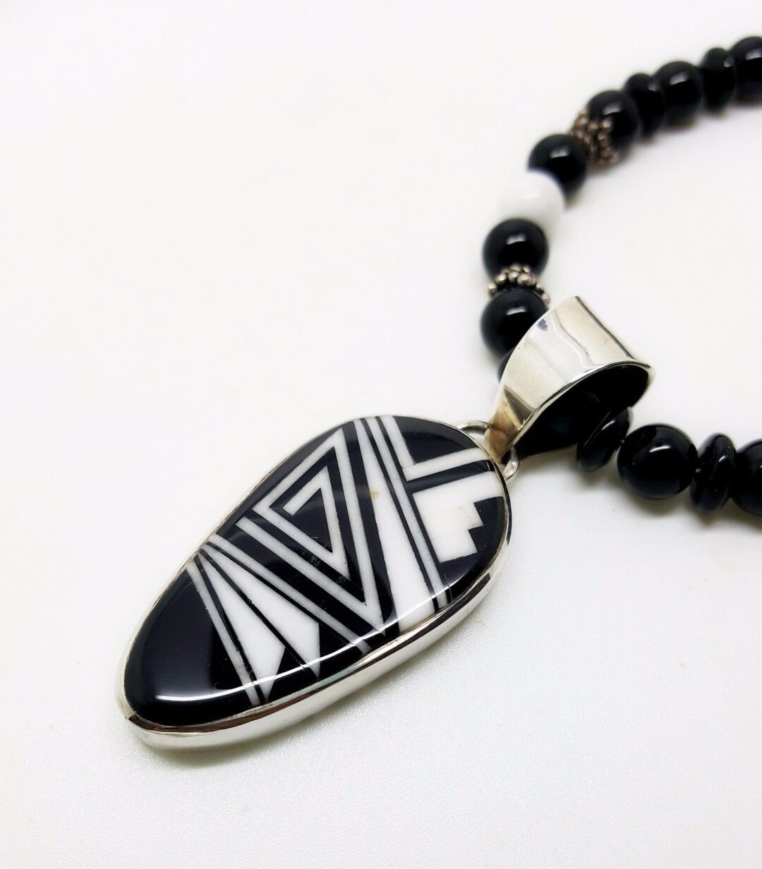 Navajo Beaded Necklace With Inlay REVERSIBLE SCORPION Black White Onyx ...