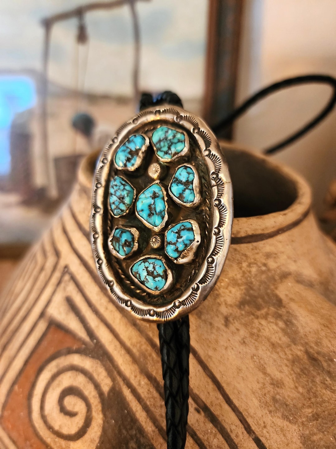 Turquoise Cluster Bolo Tie Navajo Turquoise Bolo Sterling Silver Bolo ...